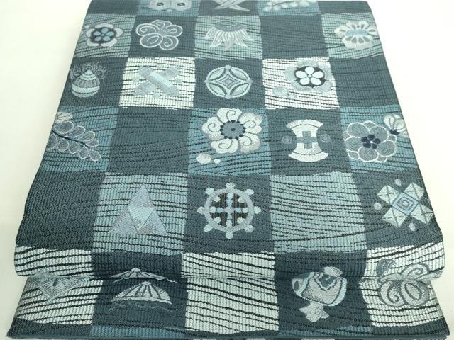 平和屋着物■極上　六通柄袋帯　唐織　市松宝尽くし花文　藍　逸品　DZAA8608kh5