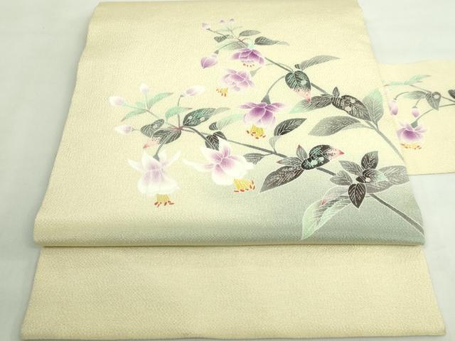 平和屋着物■極上　人間国宝・羽田登喜男　九寸名古屋帯　枝花文　木蘭色地　鬼しぼ縮緬　逸品　DZAA8619kh5