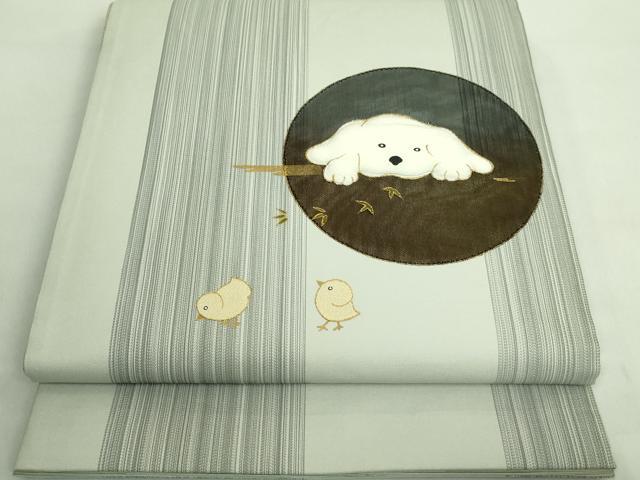 平和屋着物■極上　太鼓柄袋帯　犬　ヒヨコ　縮緬細工　貼り絵　押し絵　金彩　逸品　DZAA8648kh5