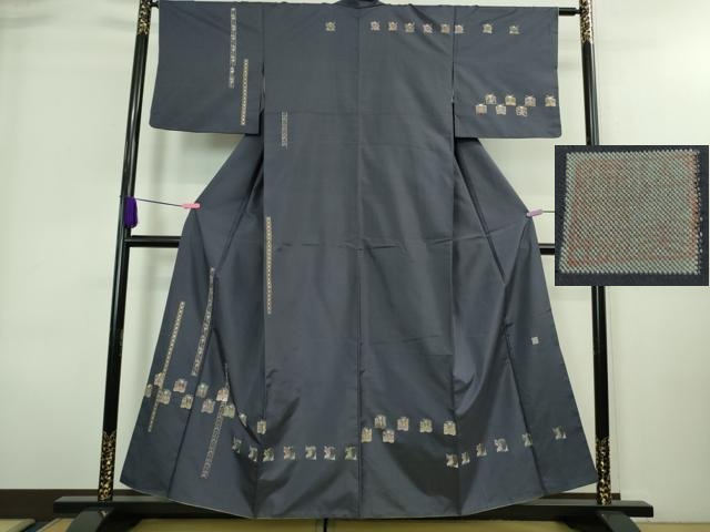 平和屋本店■極上　山口静樹　山口美術織物　訪問着　総刺繍　錦繍　御衣　白山紬　青褐色地　冊子付き　逸品　DZAA8662kh5