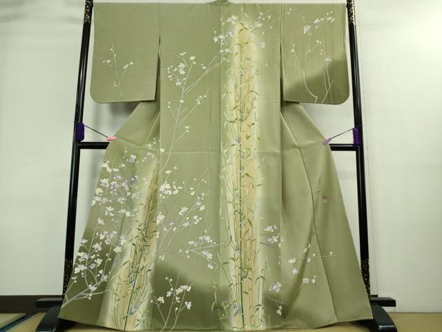 平和屋着物■極上　訪問着　友禅　作家物　枝花文　暈し染め　柳茶色地　逸品　DZAA8686kh5