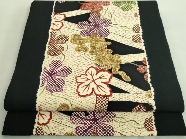 平和屋本店■極上　摺型友禅　京都　多ち花　九寸開き名古屋帯　葡萄蔦の葉文　黒地　逸品　DZAA8775kh5