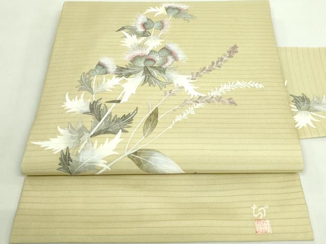 平和屋着物■極上　夏物　華道家　楠目ちづ　絽塩瀬　九寸名古屋帯　手描き　アザミ　木蘭色地　三越扱い　逸品　DZAA8780kh5