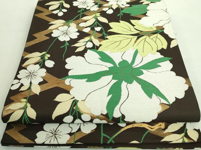 平和屋着物■極上　世界的人形師　辻村寿三郎　ジュサブロー　六通柄袋帯　松皮菱枝垂れ桜　憲法黒茶色地　金糸　逸品　DZAA8789kh5