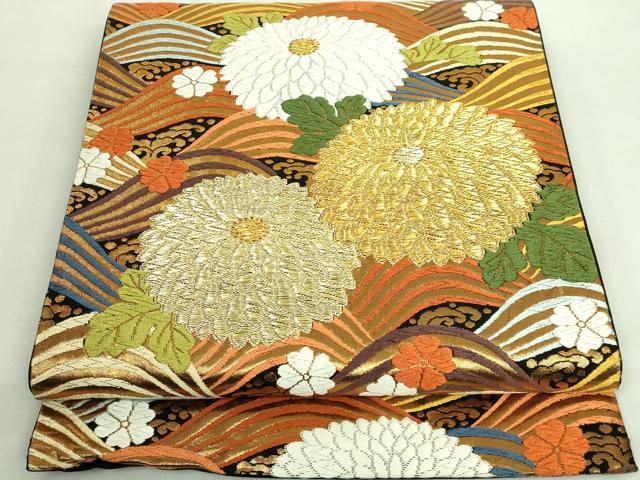 平和屋着物■極上　西陣　河合美術織物謹製　六通柄袋帯　唐織　立波菊花文　黒地　金糸　逸品　DZAA8803kh5