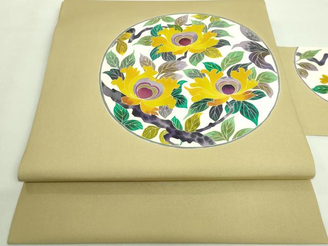 平和屋着物■極上　塩瀬　九寸名古屋帯　友禅　作家物　枝花文　木蘭色地　逸品　DZAA8809kh5