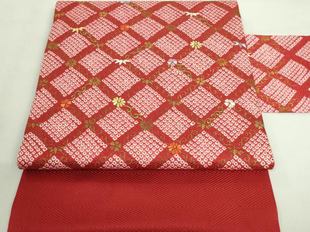 平和屋着物■極上　九寸名古屋帯　刺繍　絞り　網目花文　深緋色地　金彩　逸品　DZAA8823kh5