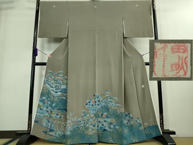 平和屋本店■極上　人間国宝　五代　田畑喜八　色留袖　刺繍　藍　風景花文　生壁色地　金彩　逸品　DZAA8861kh5