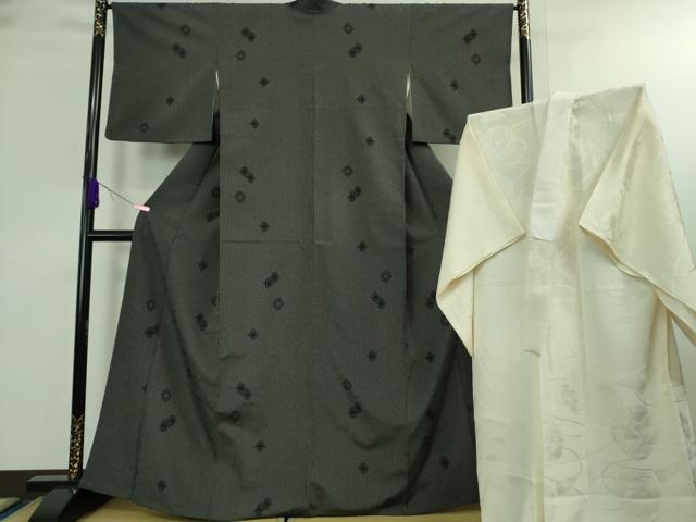 平和屋着物■極上　お召・長襦袢(袷)セット　松川菱　縞　黒地　逸品　DZAA8885kh5