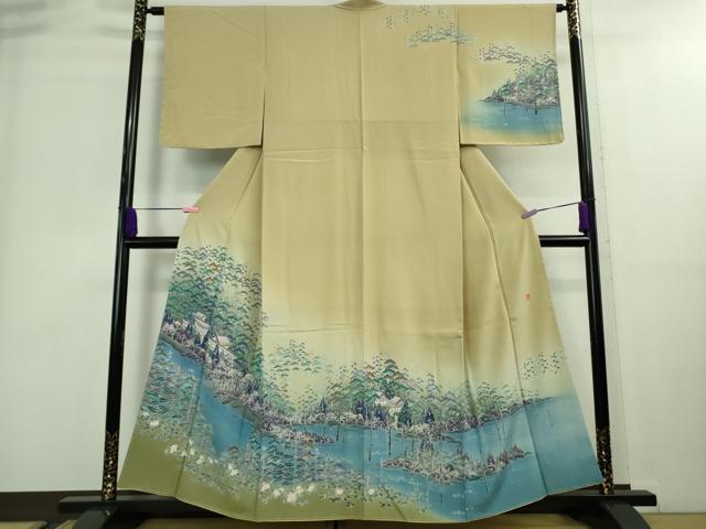 平和屋着物■極上　訪問着　友禅　作家物　水辺風景　暈し染め　丁子色地　逸品　未使用　DZAA8894kh5
