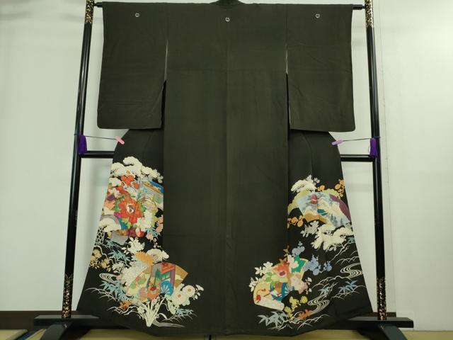 平和屋着物□極上 アンティーク 大正ロマン 黒留袖 御所車吉祥花絵巻