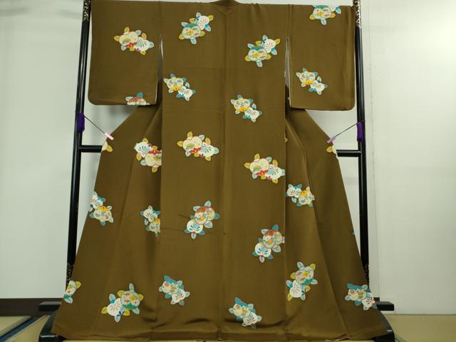 平和屋着物■極上　小紋　橘　鶯茶色地　金彩　鬼しぼ縮緬　ロング丈　逸品　DZAA8899kh5