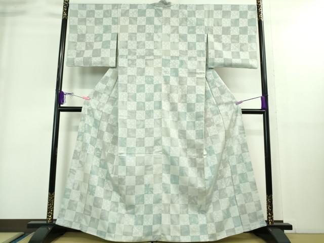 平和屋着物■極上　小紋　紗袷　市松　枝葉シルエット　逸品　DZAA8929kh5