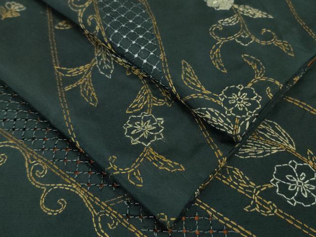 平和屋着物■極上　中国三大刺繍　スワトウ刺繍　汕頭刺繍　刺し子　総刺繍　本場大島紬　花唐草文　百入茶色地　逸品　DZAA8933kh5