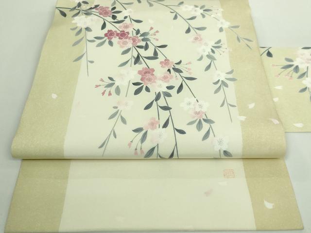 平和屋着物■極上　日本工芸会　中澤英高　塩瀬　九寸名古屋帯　枝垂れ桜　逸品　DZAA8970kh5