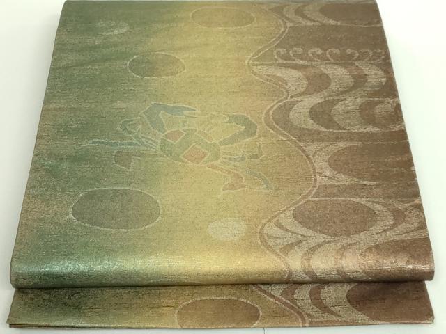 平和屋着物■極上　石川県指定無形文化財　牛首紬　白山工房　手織り　全通柄袋帯　蟹　カニ　金彩　逸品　DZAA9010kh5