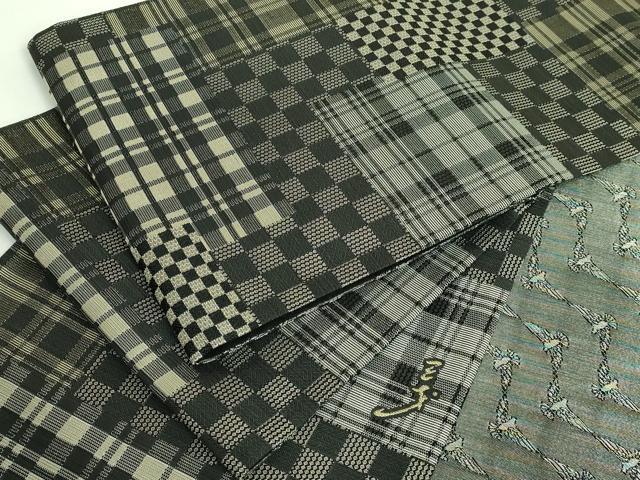 平和屋着物■極上　染色作家　斉藤三才　両面　六通柄袋帯　変わり市松格子　三才鳥　黒地　金銀糸　上代41万　反端付　逸品　DZAA9024kh5