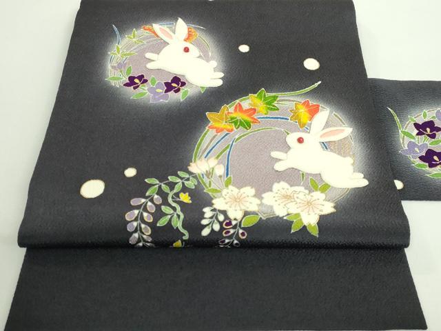平和屋着物■極上　九寸名古屋帯　縮緬細工　ビーズ　押し絵　貼り絵　花兎　檳榔子染色　金彩　鬼しぼ縮緬　さが美扱い　逸品 DZAA9038kh5