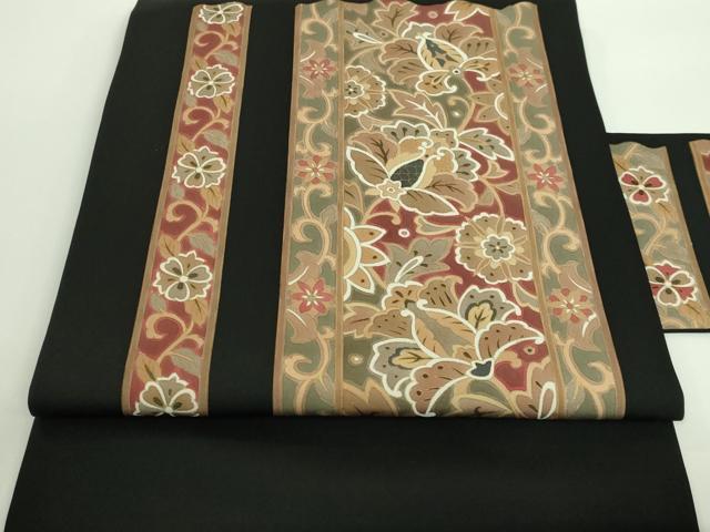 平和屋着物■極上　塩瀬　九寸名古屋帯　更紗花文　黒地　金彩　逸品　DZAA9043kh5