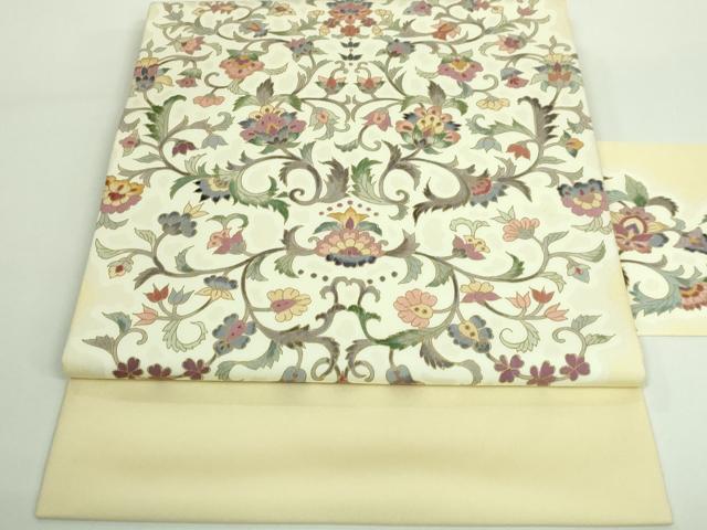 平和屋本店■極上　岡重謹製　OKAJIMA　塩瀬　九寸名古屋帯　更紗花文　金彩　逸品　DZAA9048kh5