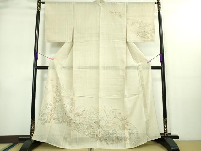 平和屋着物■極上　夏物　訪問着　生紬　手描き　秋草　鬼灯　ほおずき　蜻蛉　練色地　逸品　未使用　DZAA9102kh5
