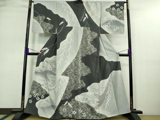 平和屋着物■極上　訪問着　紬地　絞り染め　手描き　枝垂れ柳　松花文　逸品　DZAA9196kh5