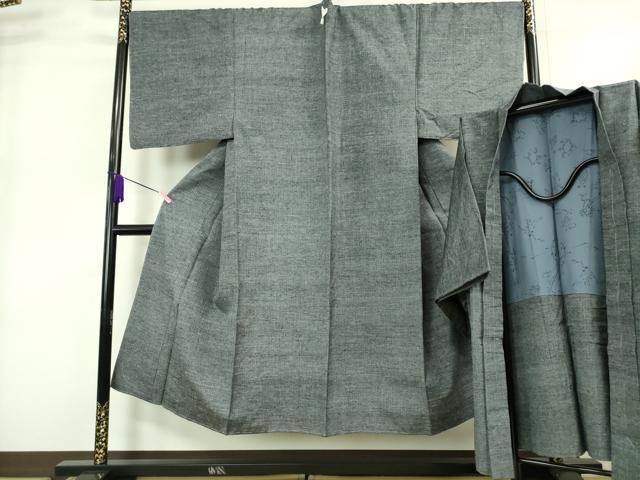平和屋着物■極上　男性　紬　アンサンブル　長羽織　灰色　羽裏・鳥獣戯画　逸品　未使用　DZAA9202kh5