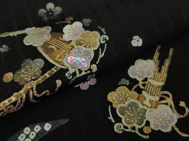 平和屋着物■極上　訪問着　ロング丈　螺鈿　籬楽器花文　黒地　金彩　さが美扱い　逸品　DZAA9237kh5