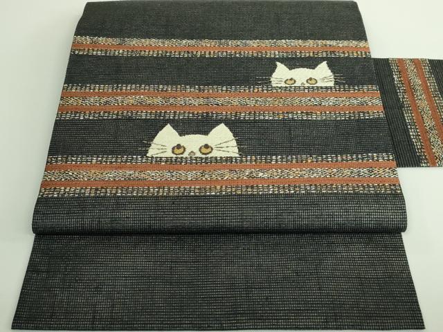 平和屋着物■極上　夏物　染織の名門　しょうざん  生紬　九寸名古屋帯　ネコ　猫　黒地　逸品　DZAA9256kh5