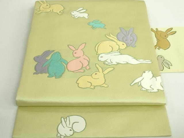 平和屋着物■極上　九寸名古屋帯　童の心　兎　青朽葉色地　逸品　DZAA9257kh5