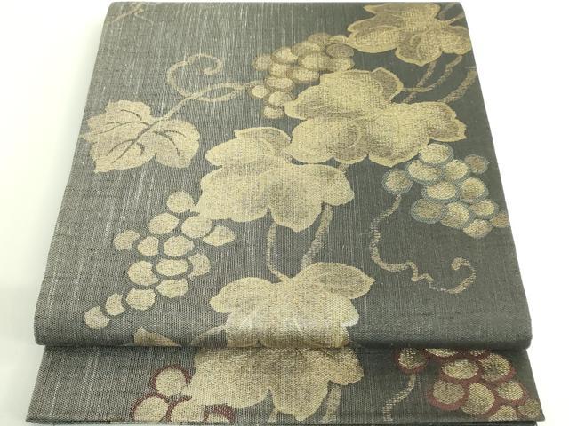 平和屋着物■極上　西陣　三幸織物謹製　六通柄袋帯　紬地　葡萄蔦の葉文　金糸　証紙・反端付き　逸品　DZAA9270kh5