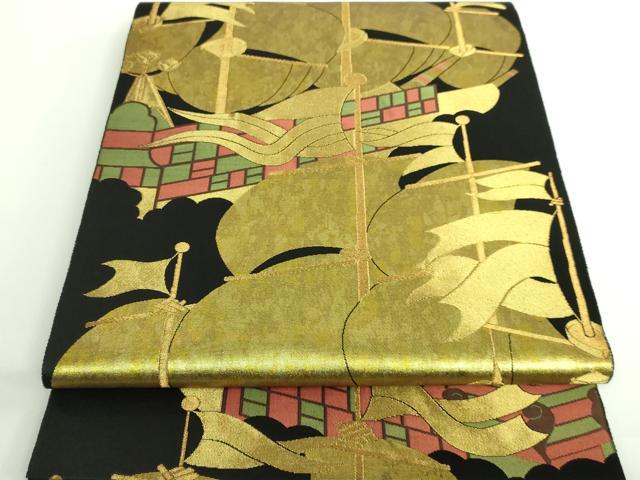 平和屋着物■極上　西陣織　陰山織物謹製　箔屋清兵衛　六通柄袋帯　南蛮船　黒地　本金箔　逸品　DZAA9277kh5
