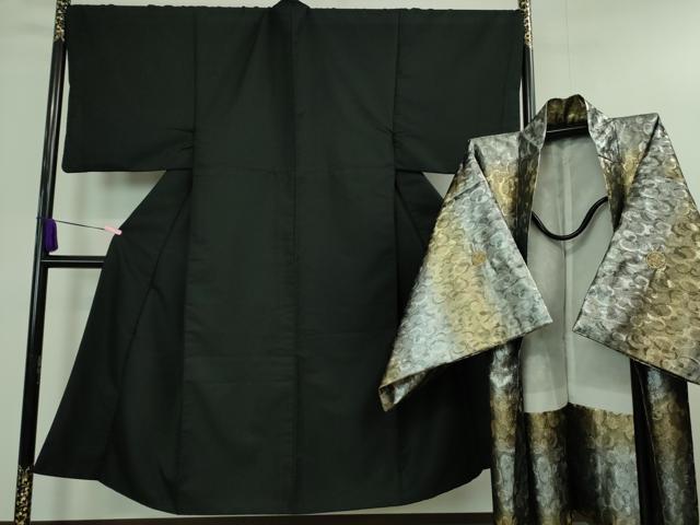 平和屋着物■極上　男性　色無地　紋付き羽織セット　千鳥格子地紋　黒地　洗える着物　逸品　DZAA9350kh5