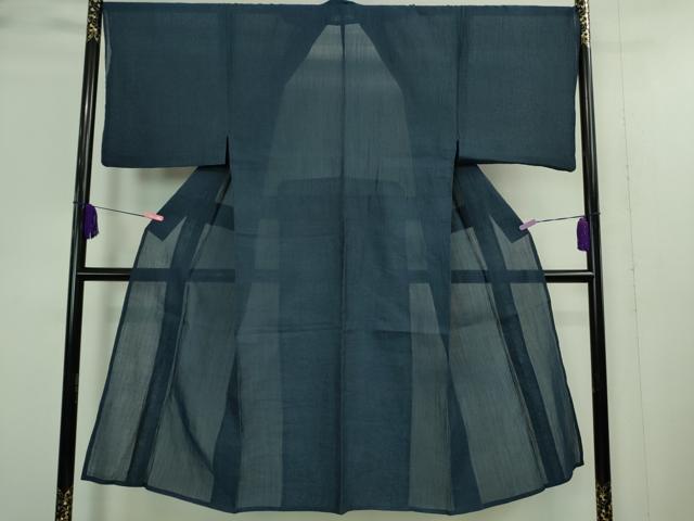 平和屋着物■極上　夏物　男性　本場小千谷ちぢみ　麻　色無地　紺色　逸品　DZAA9390kh5