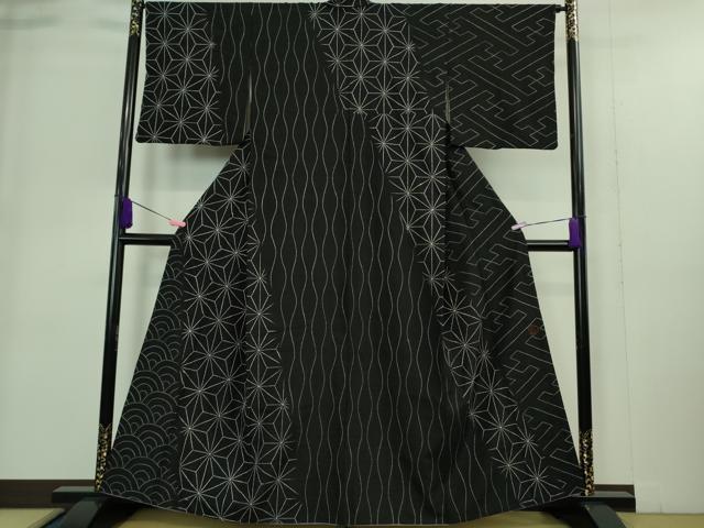 平和屋着物■極上　紬　刺し子　総刺繍　作家物　麻の葉　黒地　逸品　DZAA9395kh5