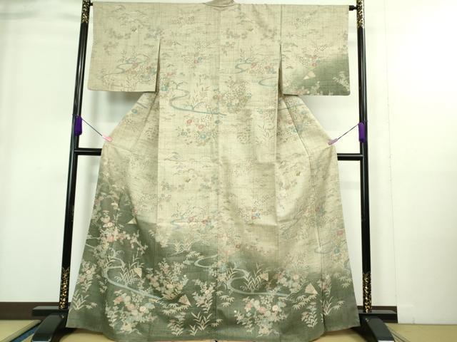 平和屋着物■極上　染織の名門　しょうざん  生紬　訪問着　単衣　流水草花扇文　反端付き　逸品　DZAA9406kh5