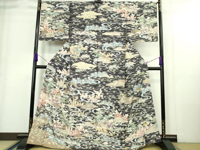 平和屋本店■極上　訪問着　友禅　駒刺繍　渡橋風景花文　青褐色地　金彩　逸品　未使用　DZAA9412kh5