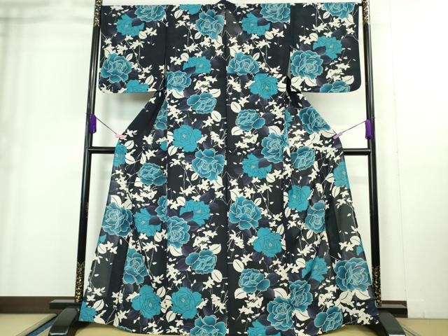 平和屋着物■極上　夏物　撫松庵　セオアルファ　小紋・浴衣兼用　紅梅織　薔薇　バラ　濃紺地　逸品　DZAA9413kh5