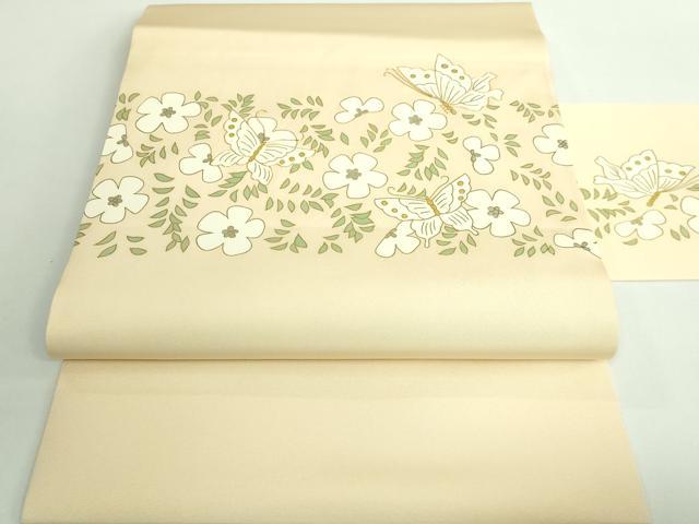 平和屋着物■極上　塩瀬　九寸名古屋帯　駒刺繍　花蝶文　砥粉色地　金彩　逸品　DZAA9520kh5