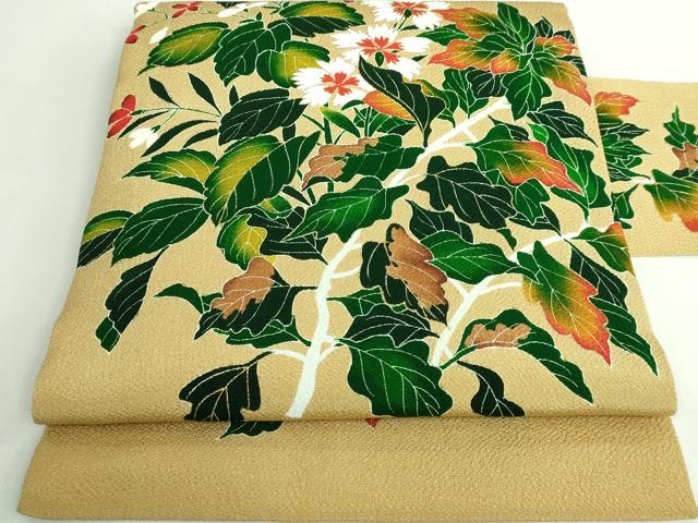 平和屋本店■極上　九寸名古屋帯　友禅　枝花文　黄唐茶色地　金彩　鬼しぼ縮緬　逸品　DZAA9531kh5