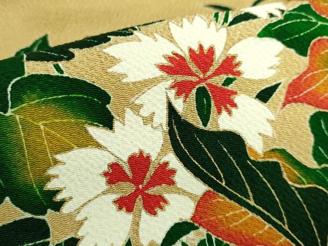 平和屋本店□極上 九寸名古屋帯 友禅 枝花文 黄唐茶色