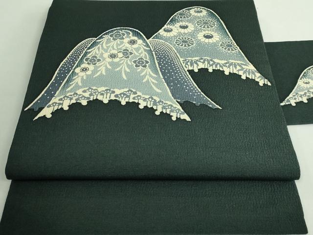 平和屋着物■極上　九寸名古屋帯　型染め　重山花文　黒緑色地　逸品　DZAA9537kh5