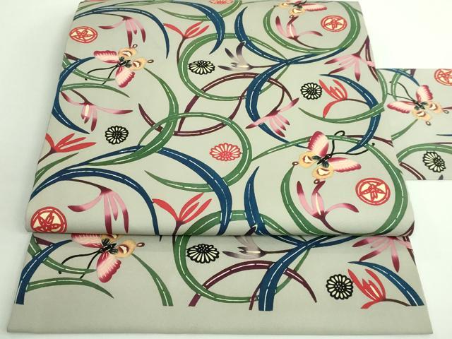 平和屋本店■極上　人間国宝　玉那覇有公　本場琉球紅型　九寸名古屋帯　花蝶文　鶸茶色地　逸品　DZAA9546kh5