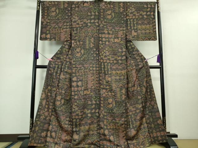 平和屋本店■極上　インド・アッサム　野蚕糸　手織　ムガシルク　象形文字　紫黒色地　逸品　DZAA9671kh5