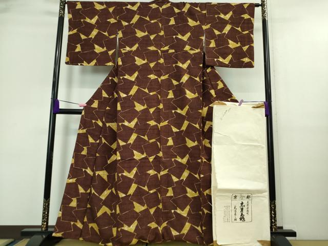 平和屋本店■極上　銀座　志ま亀　紬　古代黄色散らし　黒鳶色地　たとう紙付き　逸品　DZAA9686kh5