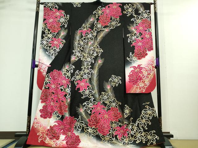 平和屋着物■極上　振袖　刺繍　SweetAngel　舞花文　暈し染め　黒地　金彩　銀通し地　逸品　DZAA9695kh5