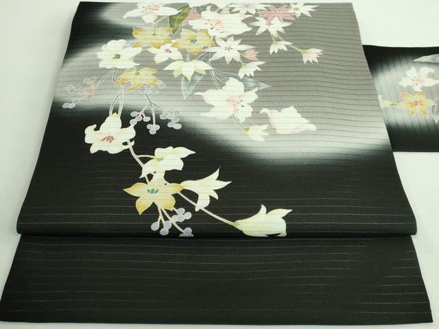 平和屋着物■極上　夏物　九寸名古屋帯　友禅　枝花文　百合　黒地　逸品　DZAA9702kh5