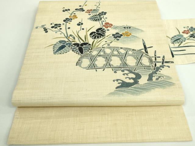 平和屋着物■極上　夏物　九寸名古屋帯　型染　籬立波花文　葵　麻　逸品　DZAA9706kh5