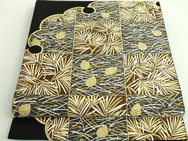 平和屋着物■極上　西陣　河合美術織物謹製　六通柄袋帯　唐織　松ぼっくり　雪輪　黒地　金糸　逸品　DZAA9717kh5