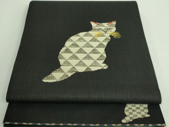 平和屋着物■極上　太鼓柄袋帯　猫　百年浪漫　黒地　逸品　DZAA9719kh5
